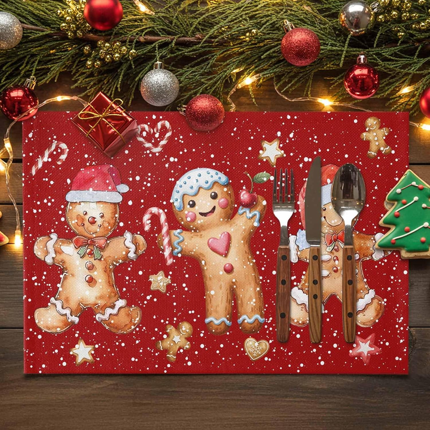 Gingerbread Man Christmas Placemats Set of 4 Candy Canes Snowflakes ...