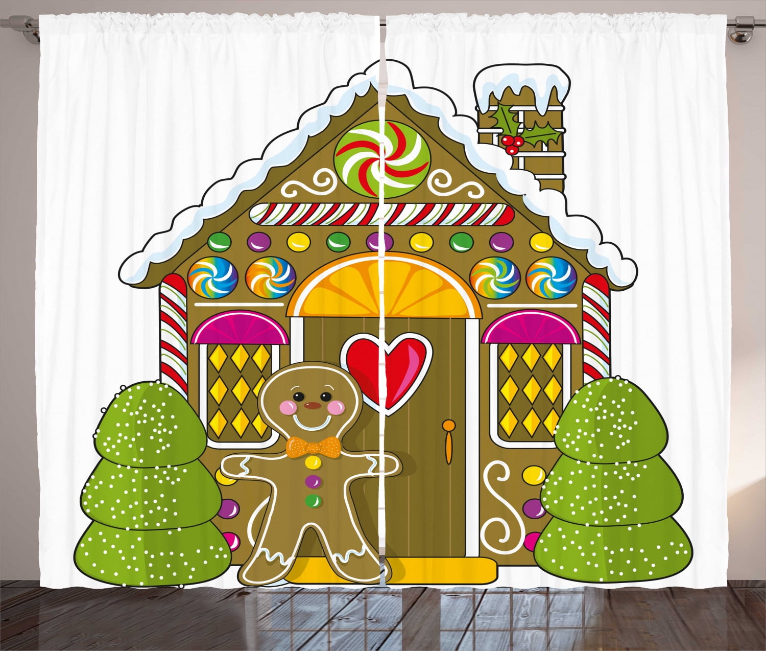 Ambesonne Gingerbread Man Curtains 2 Panel Set, Candy House, 108" x 84 ...