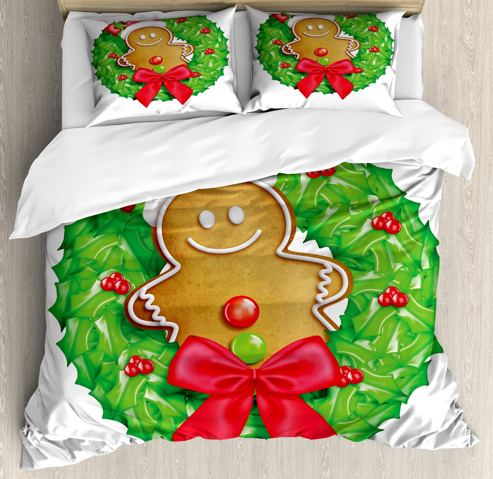 Gingerbread Man Duvet Cover Set, Cartoon Christmas Wreath with ...