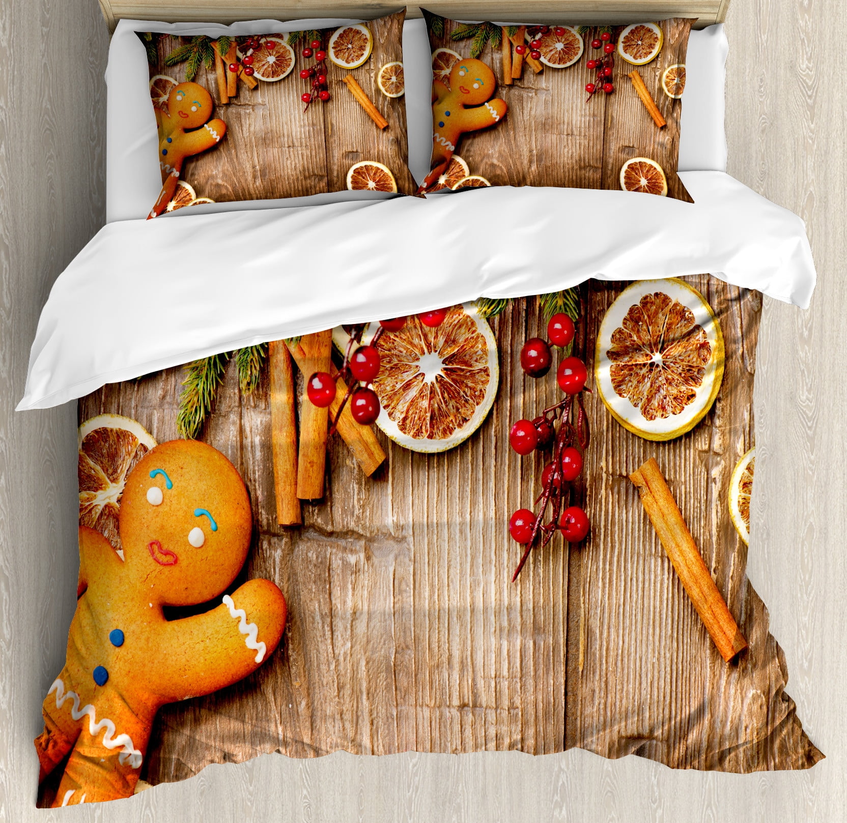 Gingerbread Man Duvet Cover Set, Rustic Composition with Holly Berry ...