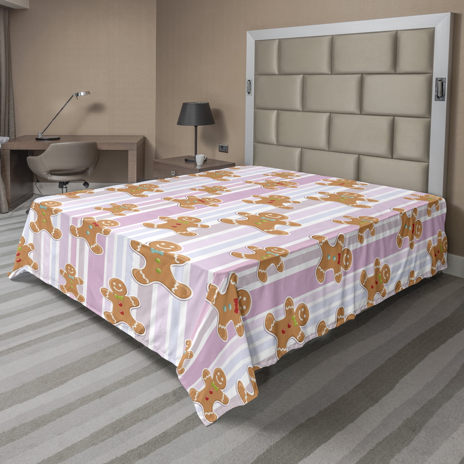 Gingerbread Man Flat Sheet, Kids Pattern with Pastel Colored Striped ...