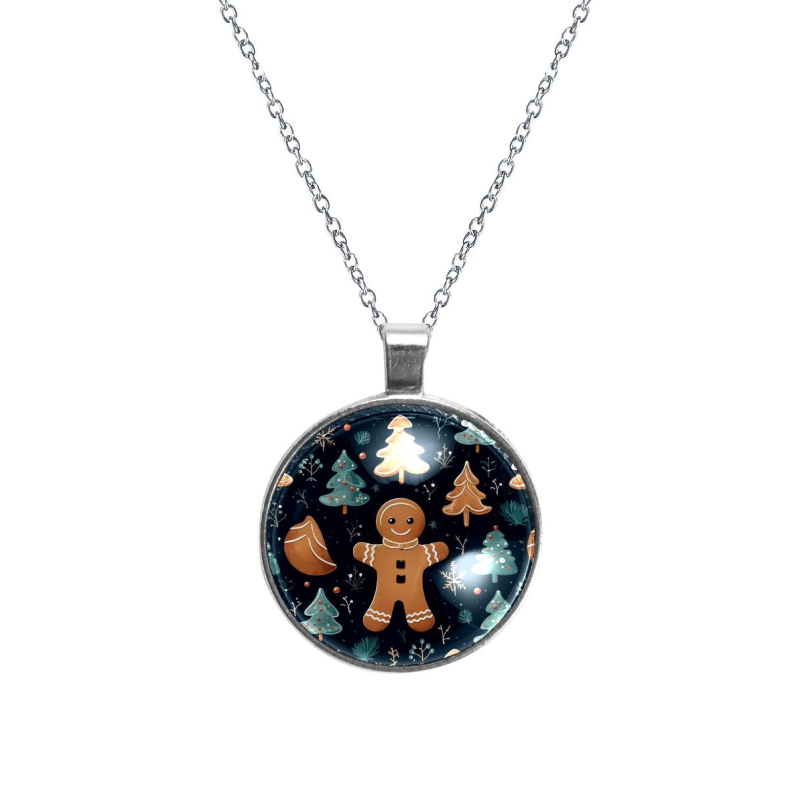 Gingerbread Man Glass Design Circular Pendant Necklace - Elegant ...