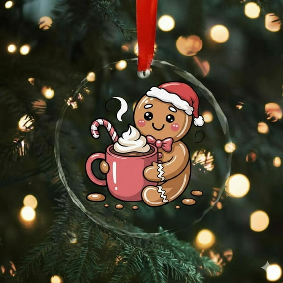 Gingerbread Man Hot Cocoa Glass Ornament 2025 – Santa Hat Candy Cane ...