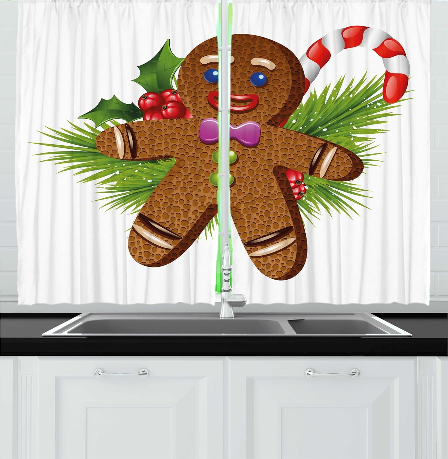 Gingerbread Man Kitchen Curtains, Tasty Pastry on Coniferous Branches ...