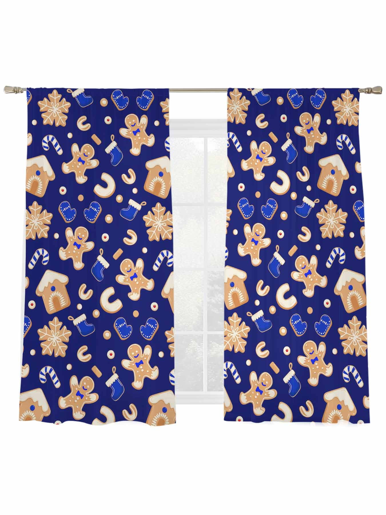Gingerbread Man Sheer Curtains 72 inches Long, Blue Winter Christmas ...