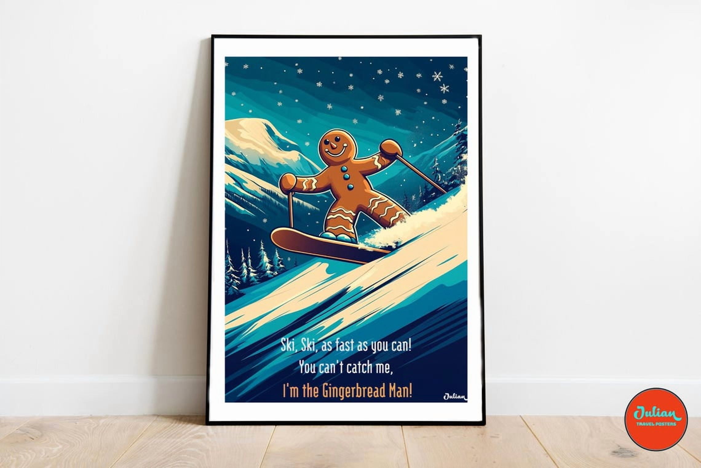 Gingerbread Man Skiing Winter Art Print, Whimsical UNFRAMED Poster ...