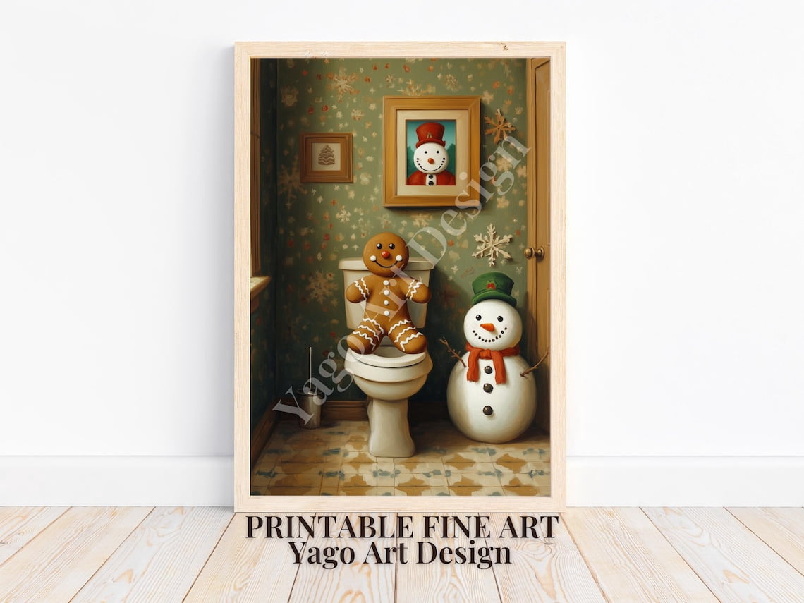 Gingerbread Man And Snowman In Bathroom Art Print, Gingerbread Man On ...
