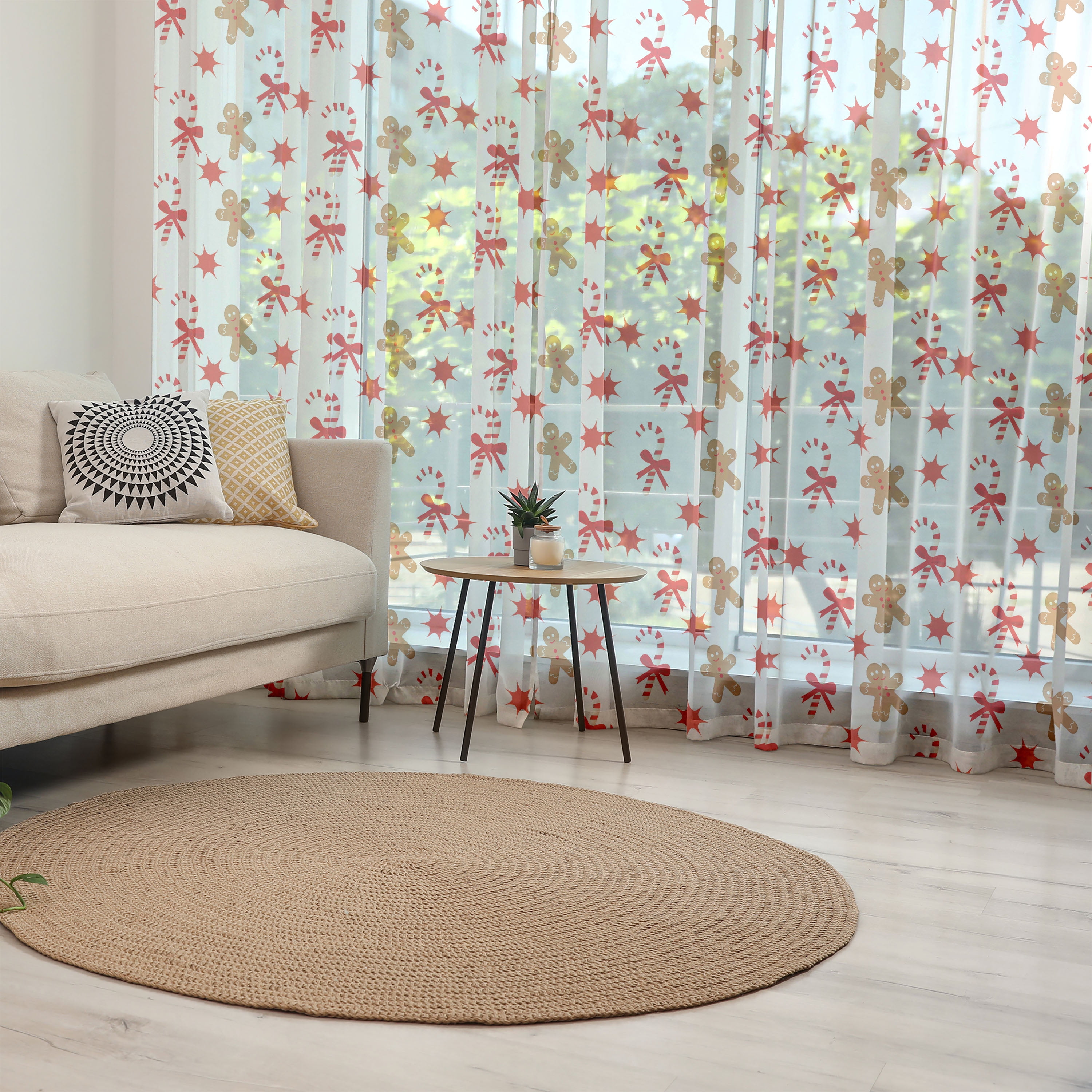 Gingerbread Man Tulle Curtains with Rod Pocket, Candy Cane Bowties Red ...