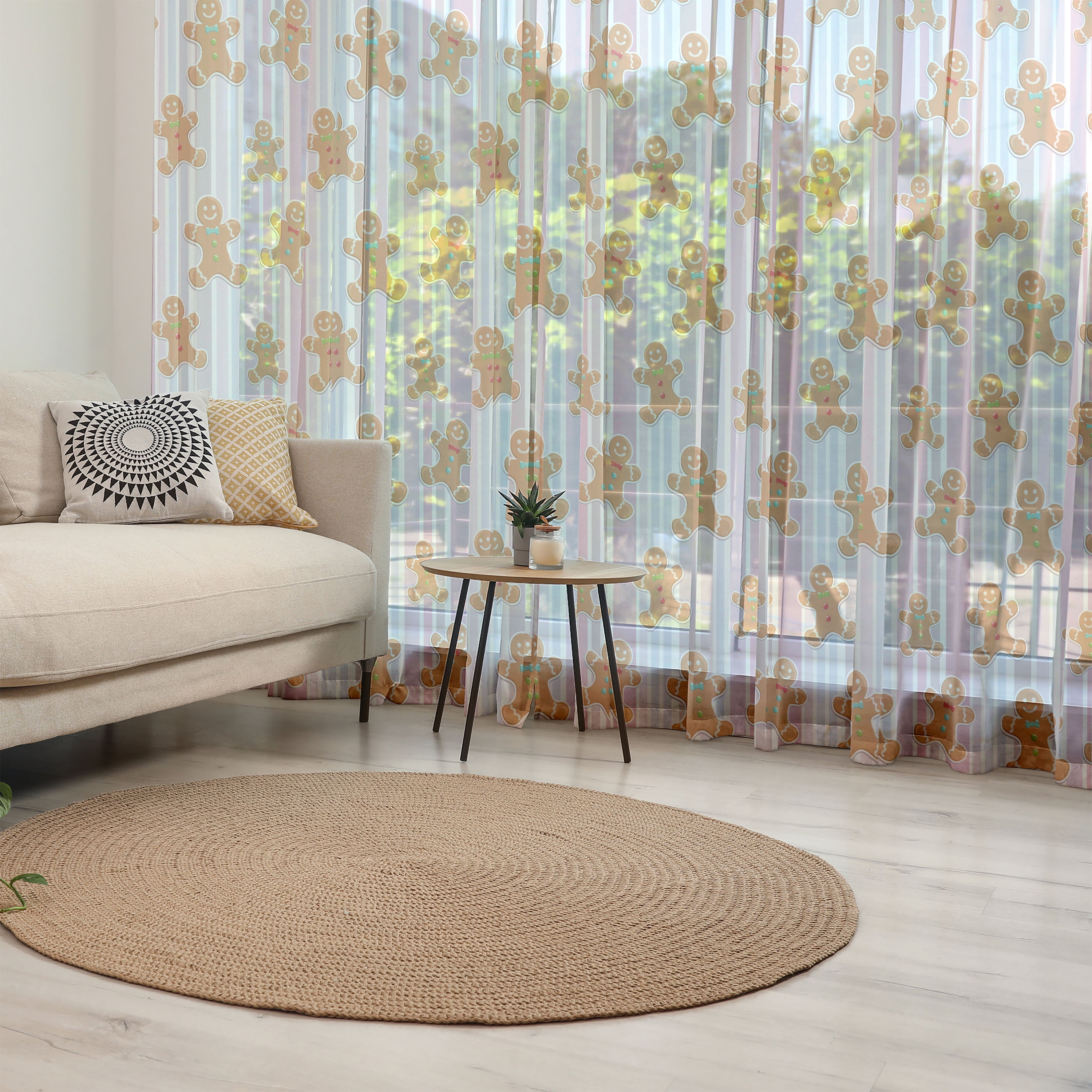 Gingerbread Man Tulle Curtains with Rod Pocket, Pattern with Pastel ...