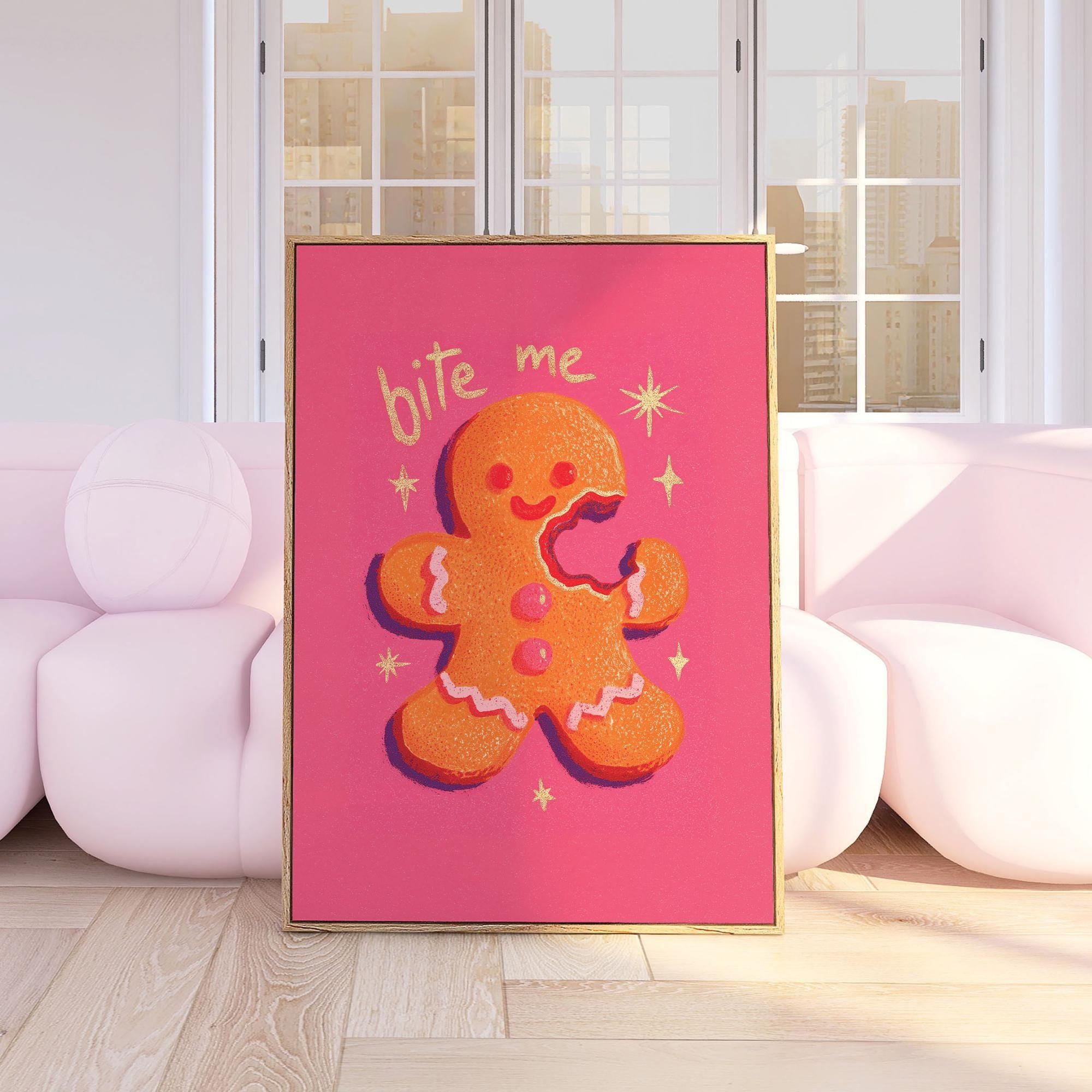 Gingerbread Man Wall Art Bite Me Gingerbread Print Pink Winter Festive ...