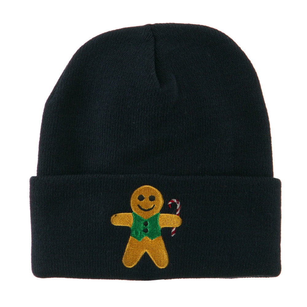 Gingerbread Man with Candy Cane Embroidered Beanie - Navy OSFM ...