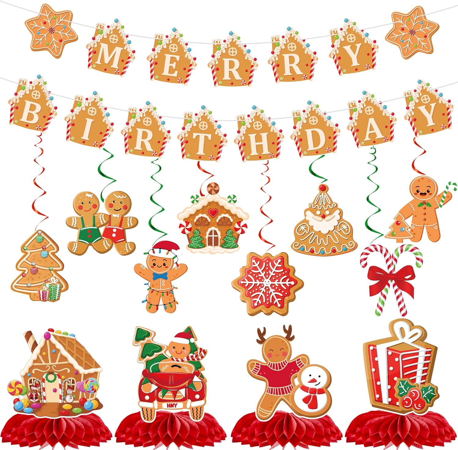 Gingerbread Merry Birthday Decorations - Christmas Party Banner Set ...