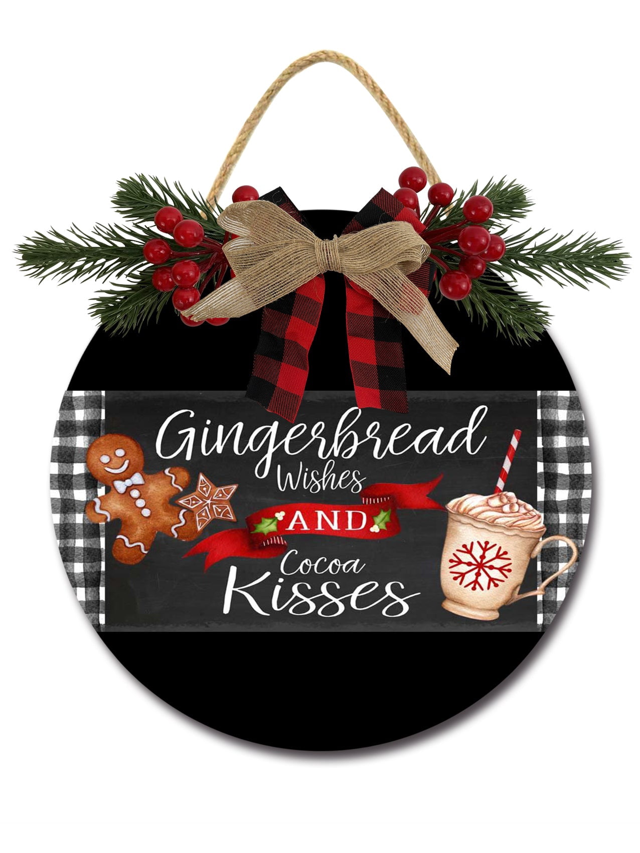 Gingerbread Wishes Sign Front for Door Decoration, 12 in Round Wood ...