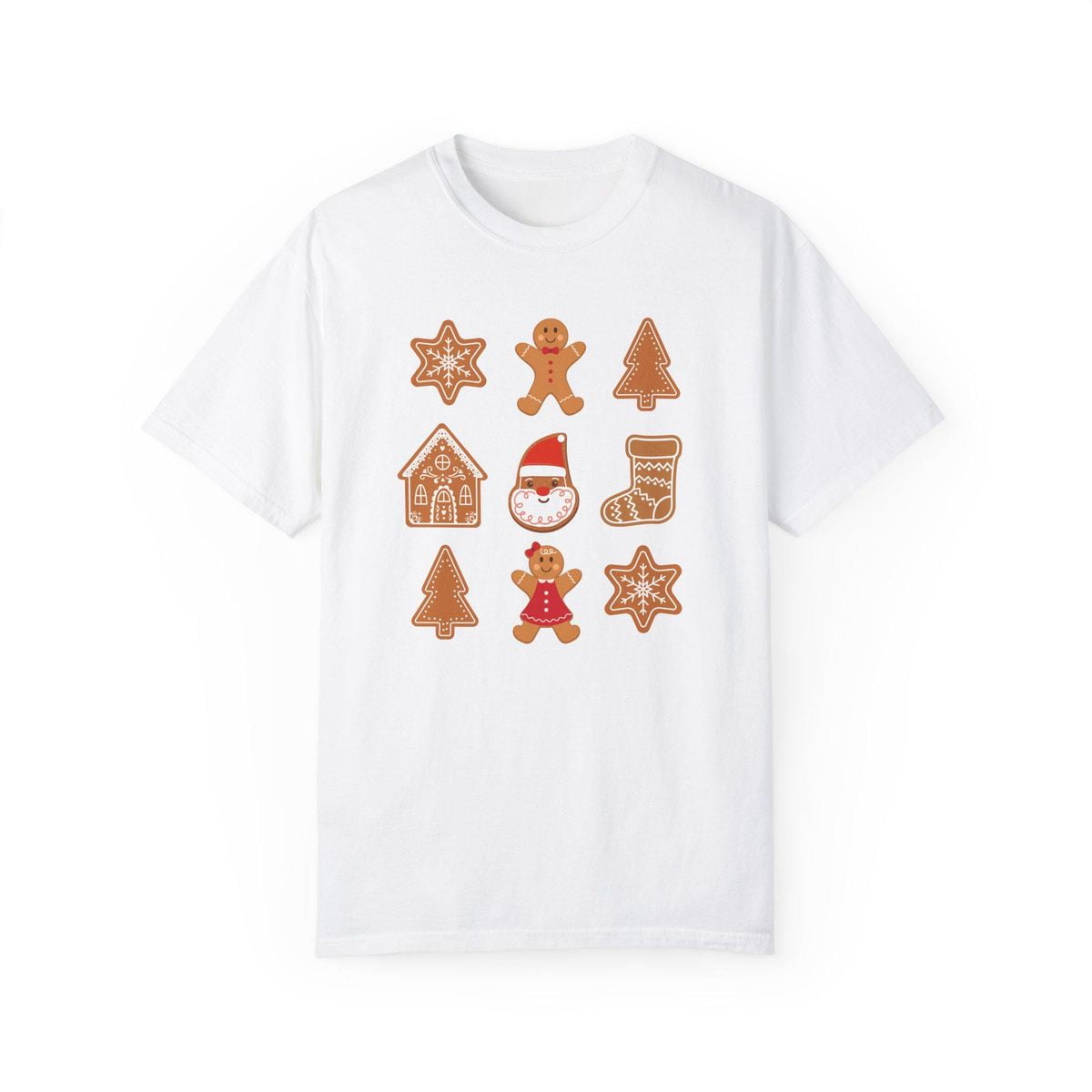 Gingerbread Xmas Icon Graphic Tee Cookie Figures, Santa Face, House, Trees, Stars and Stocking ...
