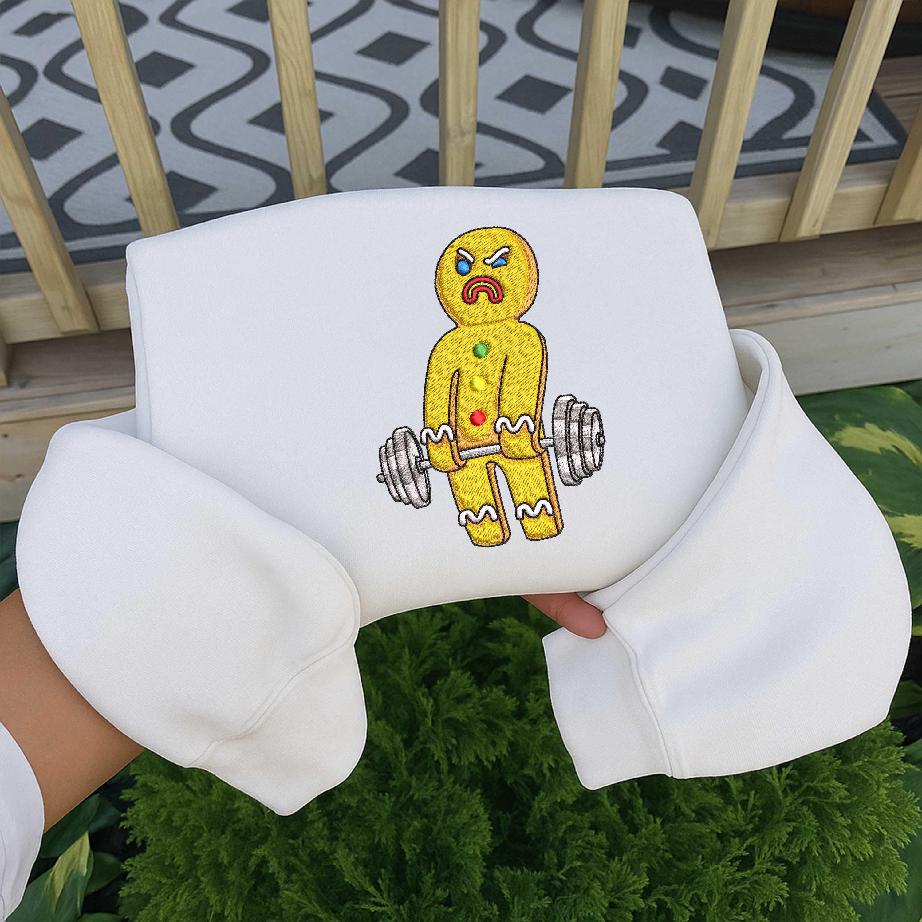 Gingerbread man lifting weights embroidery design, funny Christmas gym ...