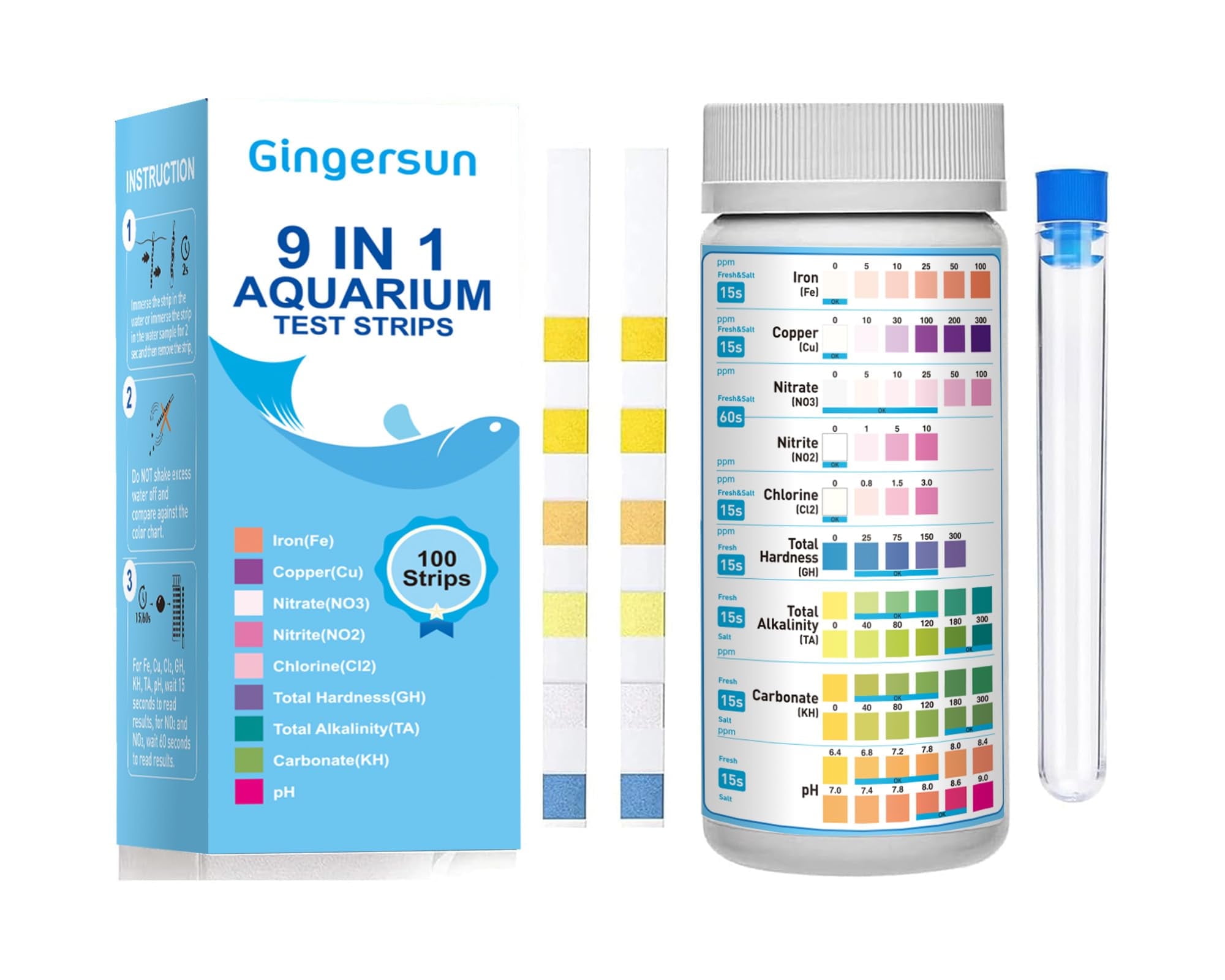 Gingersun 100 Strips Pack 9 in 1 Aquarium Test Kit, Fish Tank Test ...