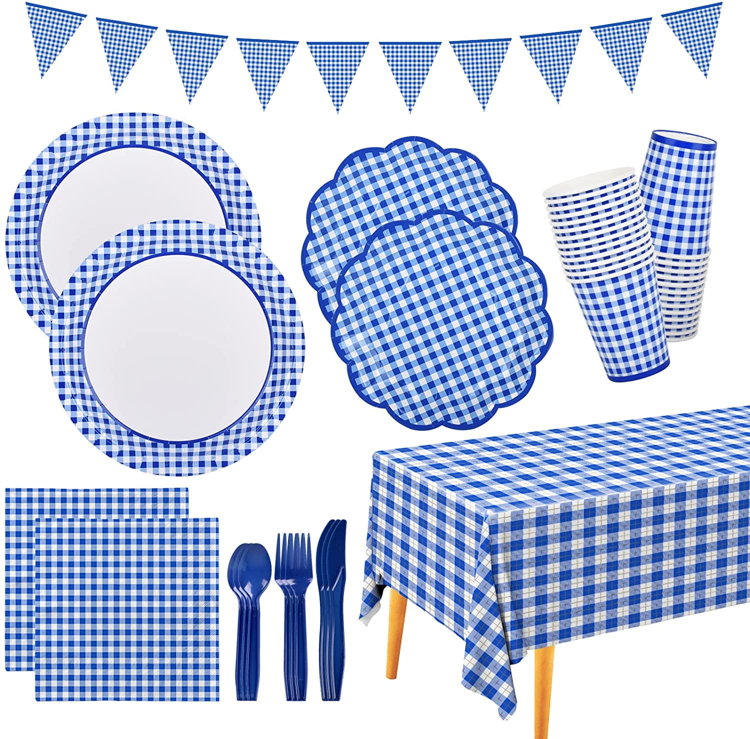 Gingham Blue and White Party Supplies Disposable Paper Plates Napkins ...