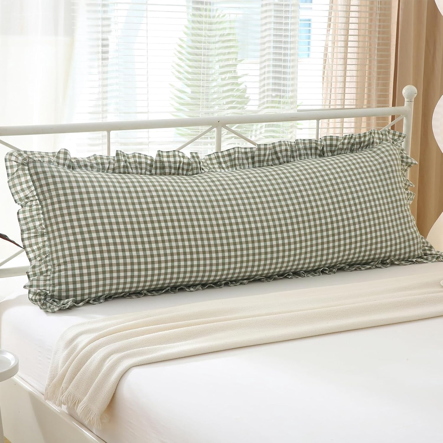 Gingham Body Pillow Cover, 100% Washed Cotton Rustic French Country ...