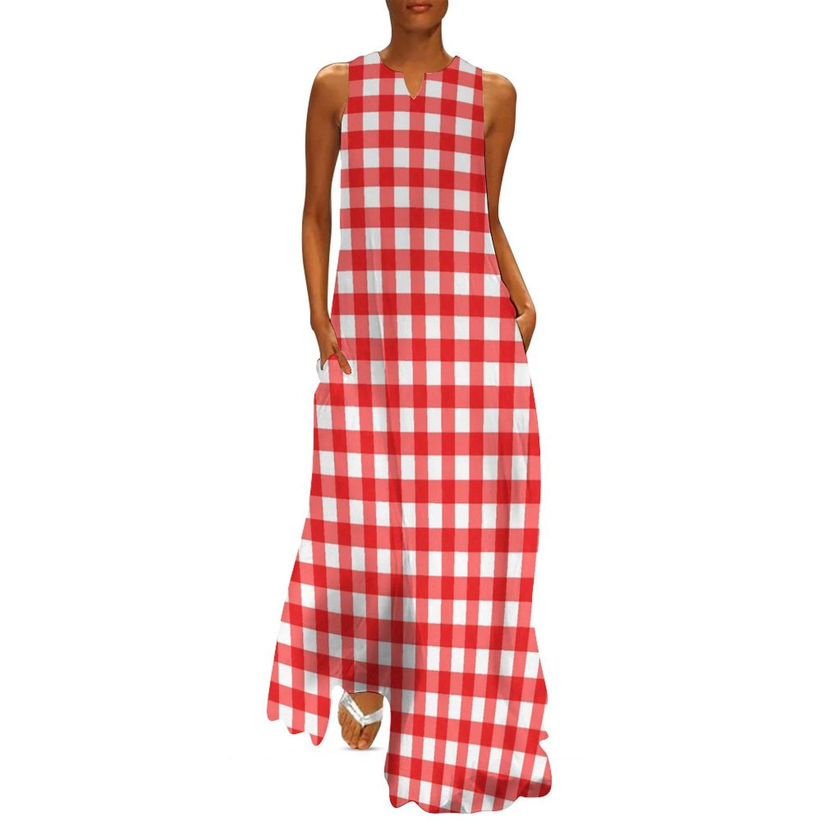Gingham Check Print Dress Red And White Vintage Maxi Dress Street Wear ...