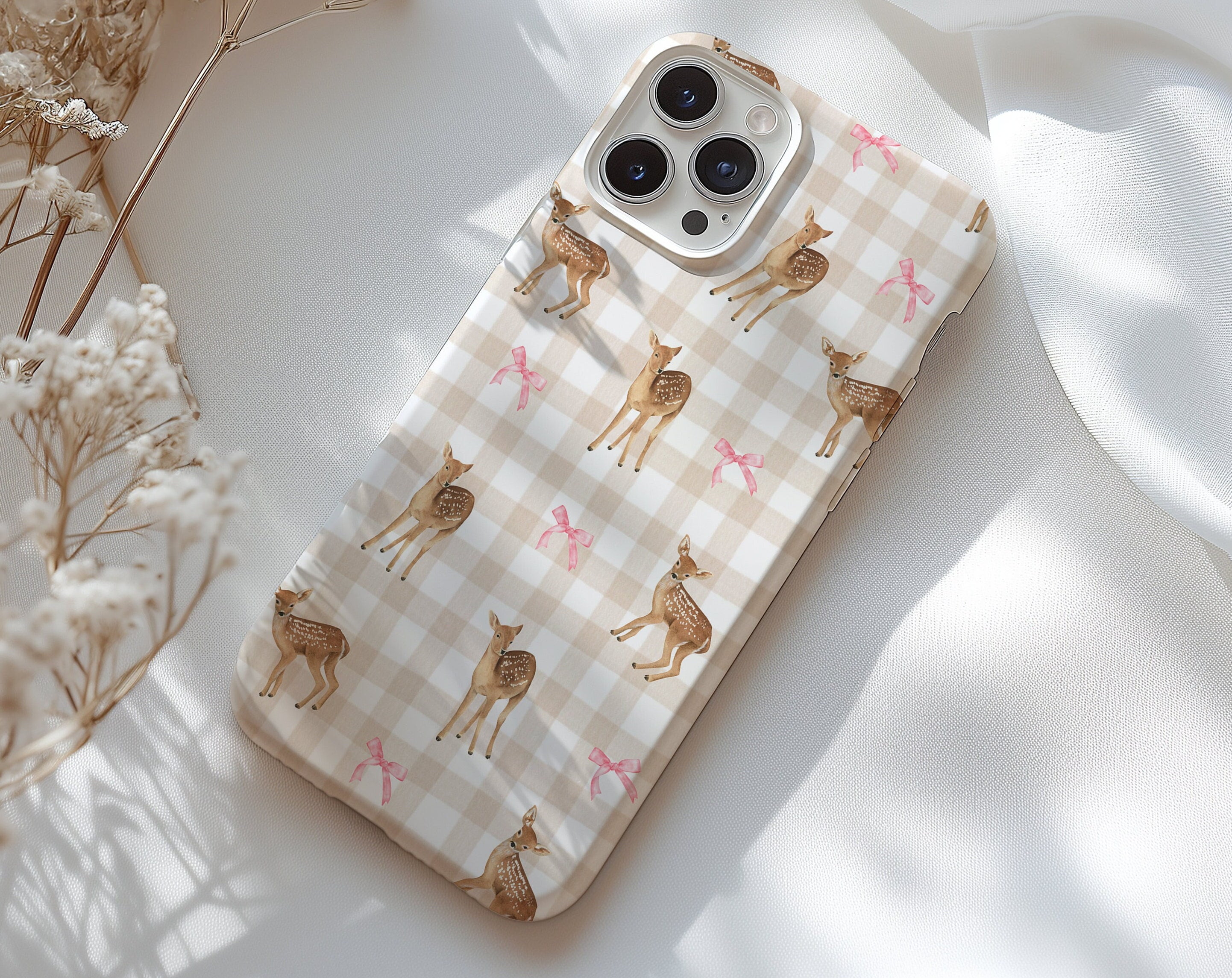 Gingham Deer Pink Bow Phone Case Girly Look iPhone 17 11 12 13 14 15 16 ...