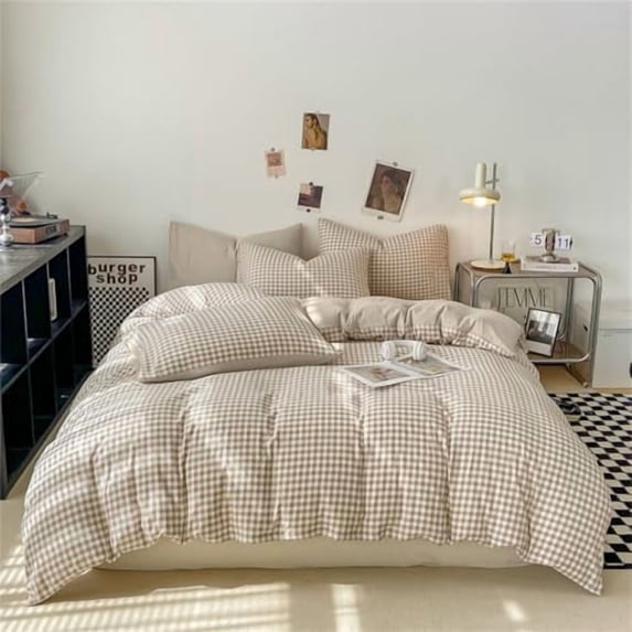 Gingham Duvet Cover Queen Size Brown Tan Plaid Checkered Comforter ...