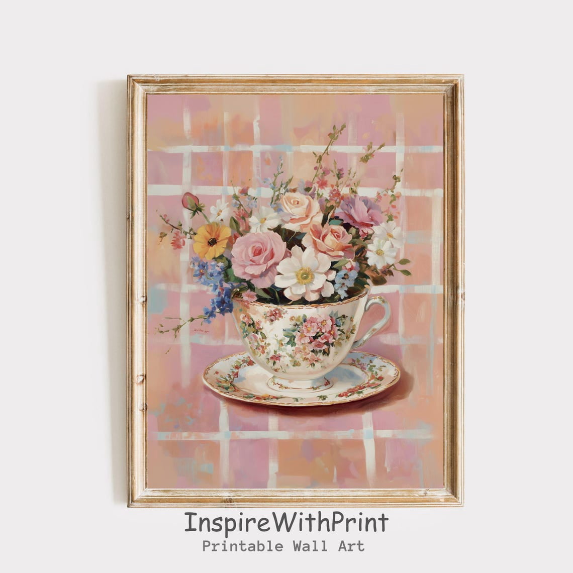 Gingham Floral Teacup Poster, Cottage Core Poster, Country Vintage ...