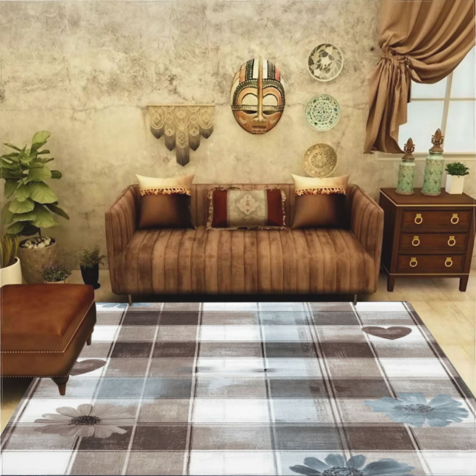 Gingham Hearts Flowers Light Luxury Retro Carpet Large Size Living Room ...