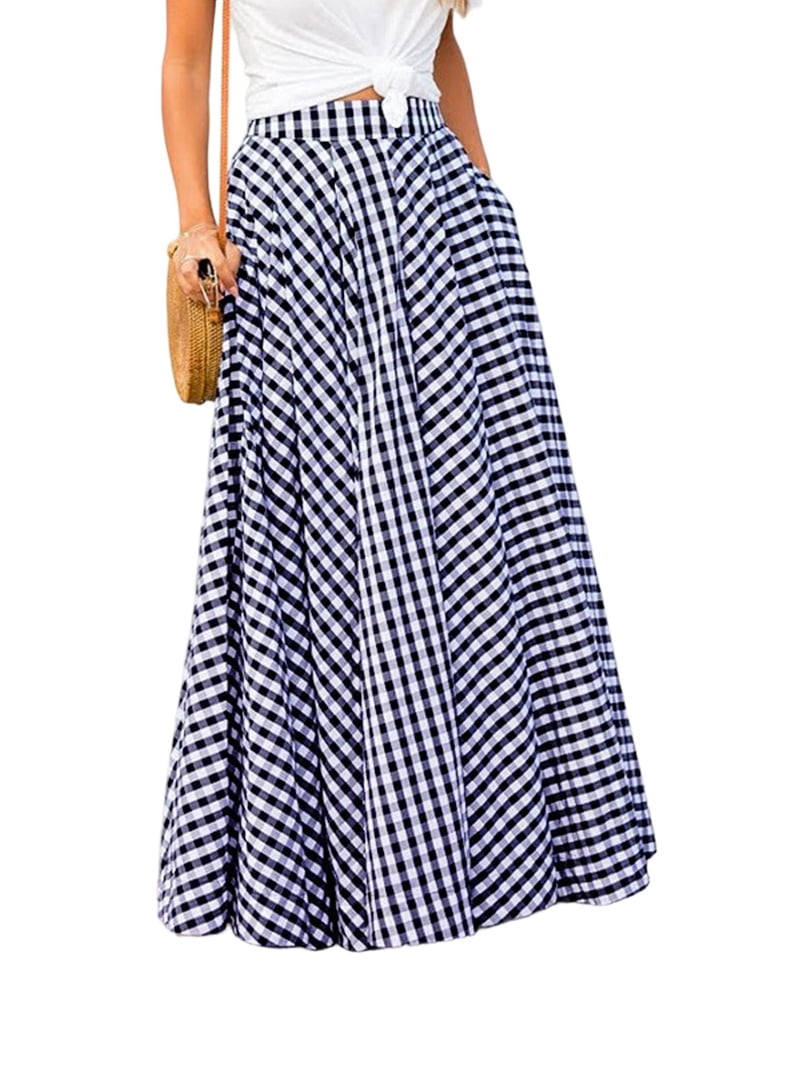 Gingham Long Skirts for Women Maxi Plaid Skirt A Line High Waist Summer ...