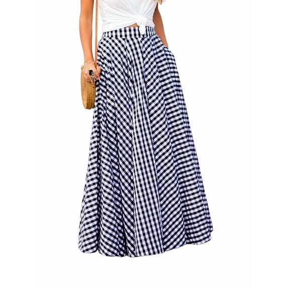 Gingham Long Skirts for Women Maxi Plaid Skirt A Line High Waist Summer ...