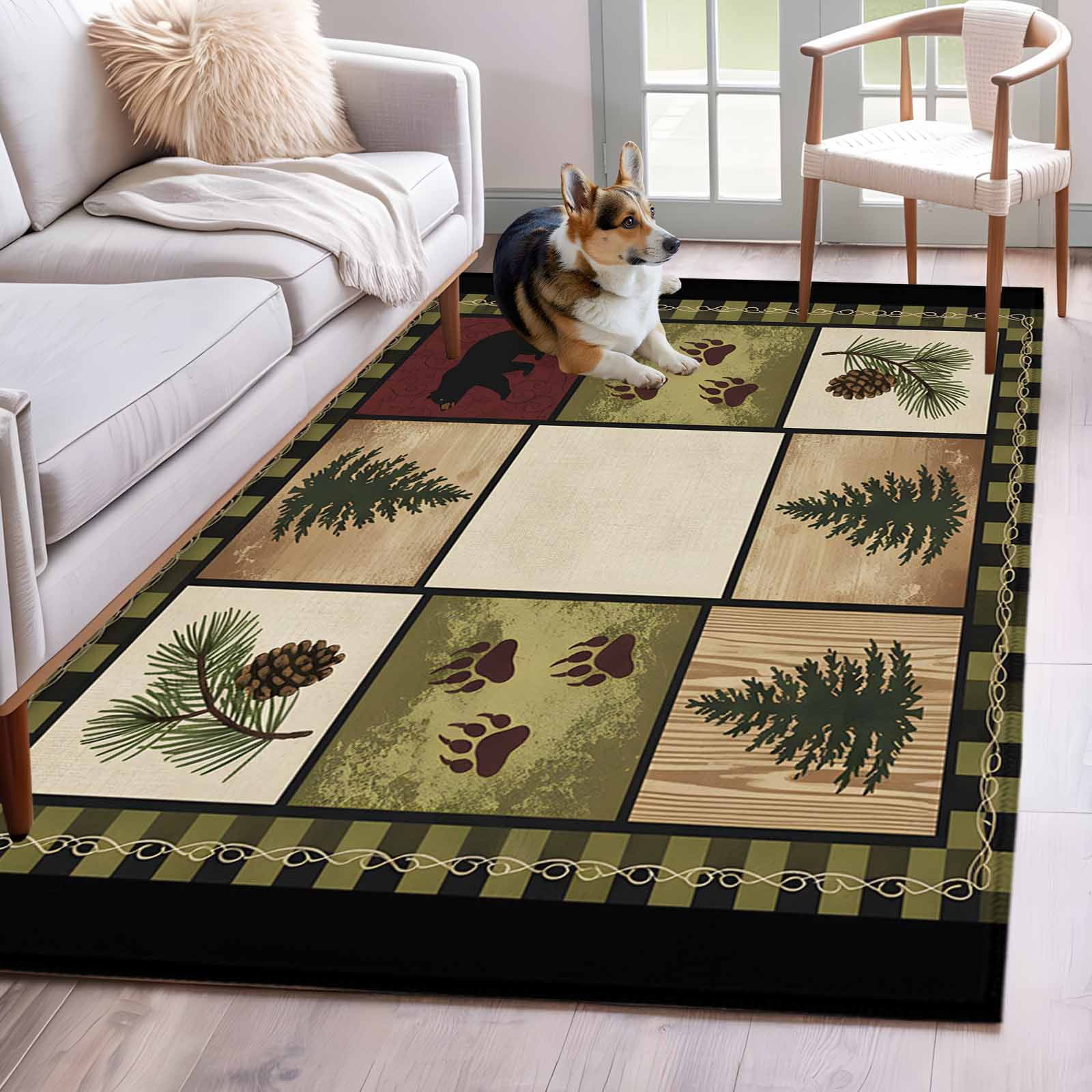 Gingham Plaid Washable Area Rug 3 x 5 ft Bear Silhouette Forest Pine ...