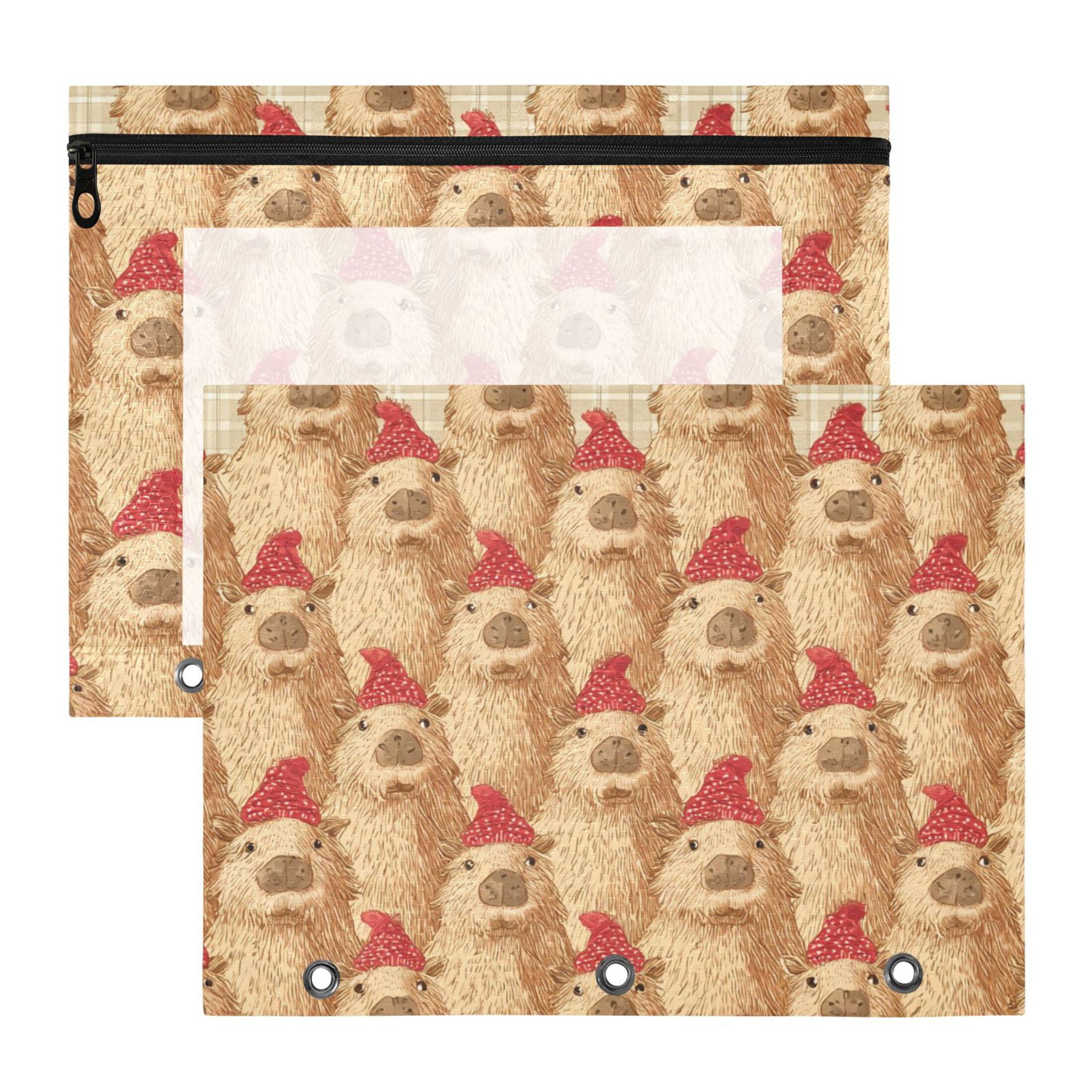 Gingham Plaids Capybara with Christmas Hats 3-Ring Binder Pocket with ...