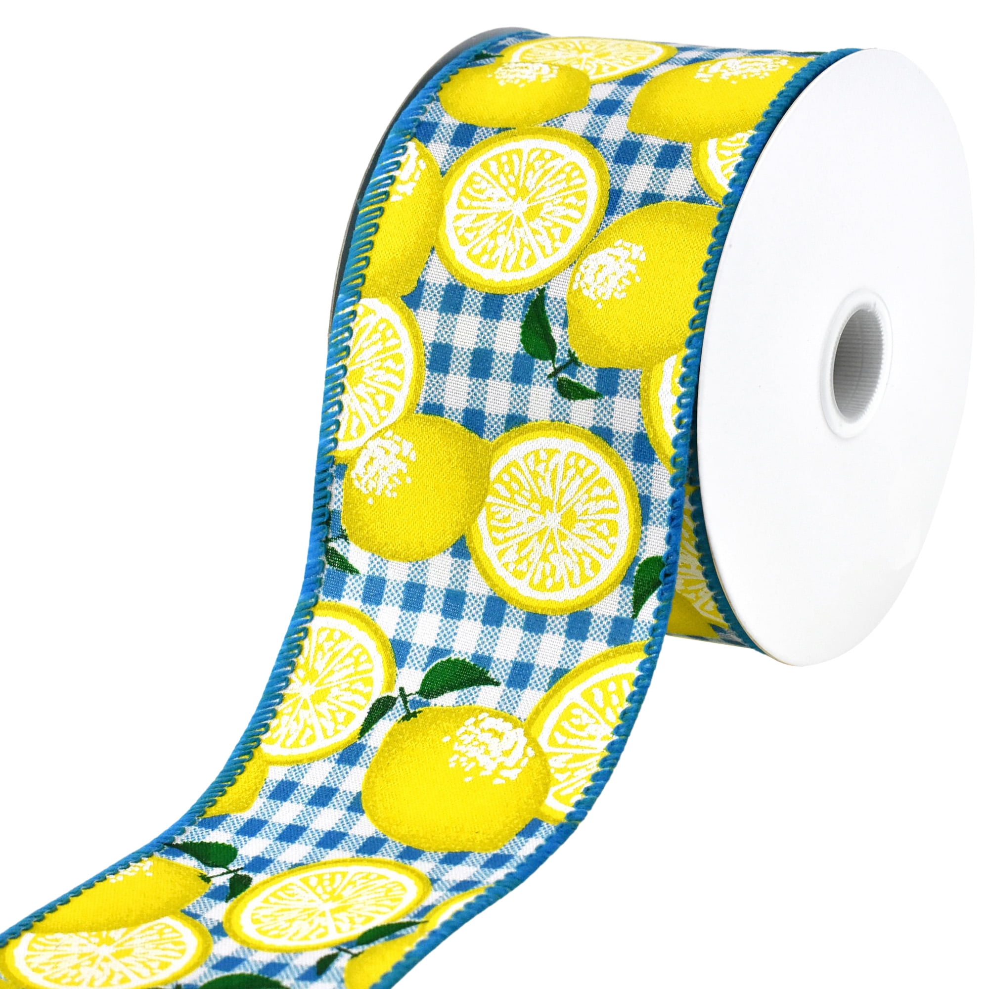 Gingham Printed Lemons Wired Ribbon, 2-1/2-inch, 10-yard, Light Blue ...