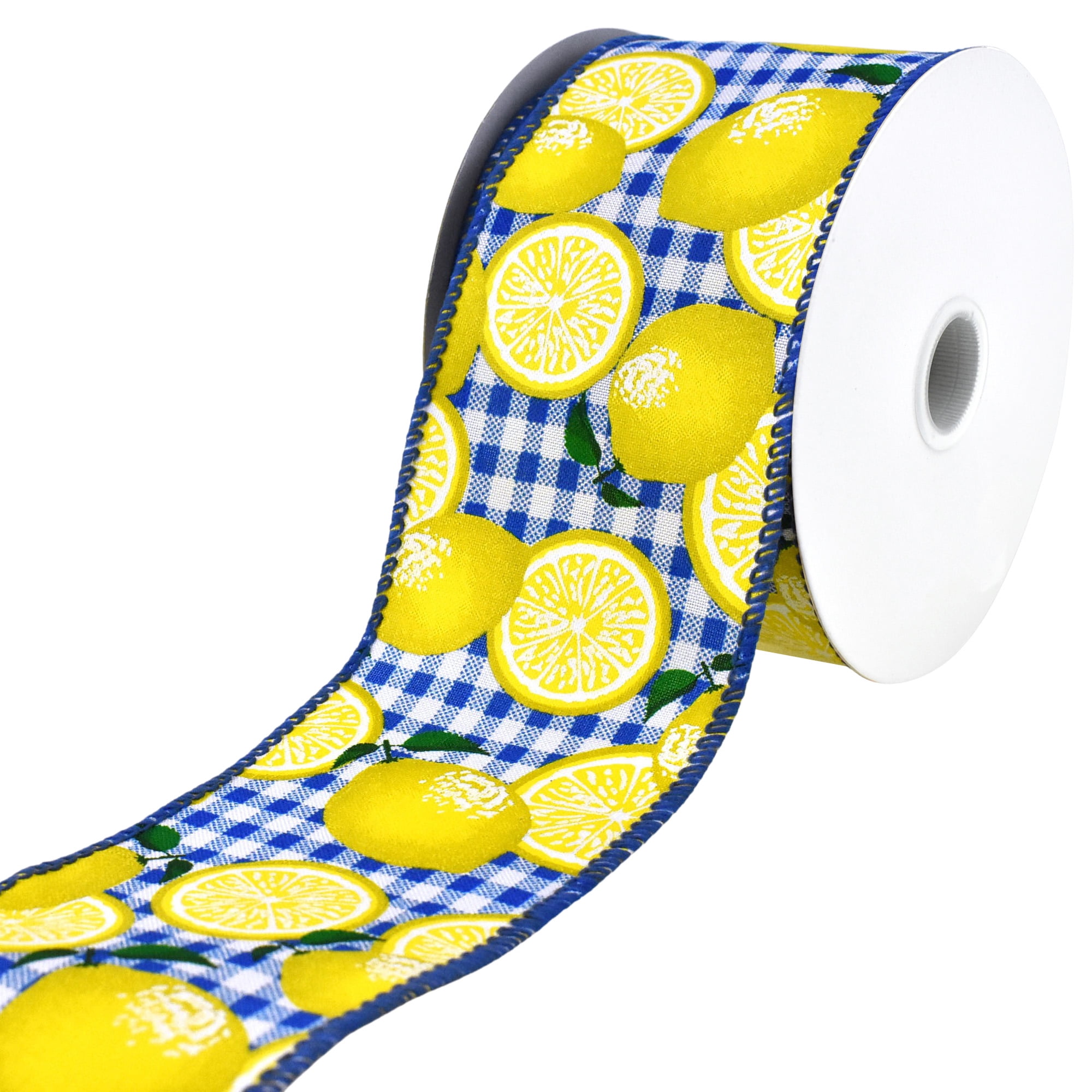 Gingham Printed Lemons Wired Ribbon, 2-1/2-inch, 10-yard, Royal Blue ...