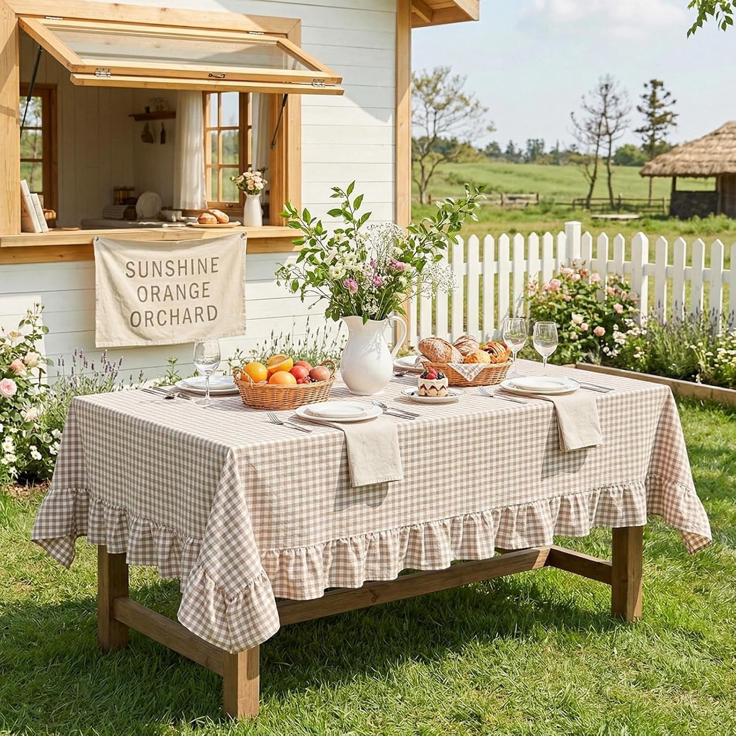 Gingham Ruffled Tablecloth 52x70 Inch 100% Washed Cotton Plaid Table ...