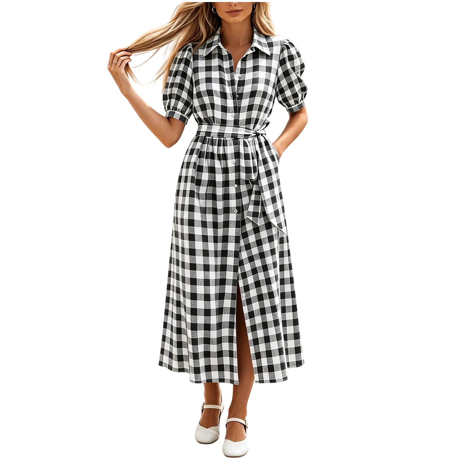 Gingham Summer Dresses for Women Classic Fit Button Down Short Sleeve ...