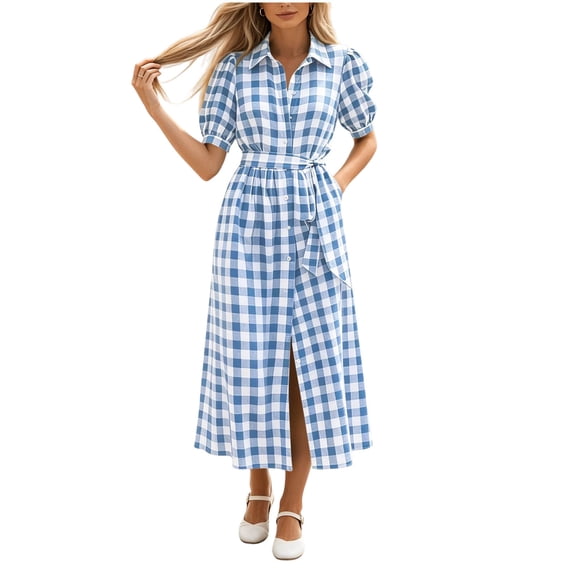 Gingham Summer Dresses for Women Classic Fit Button Down Short Sleeve ...