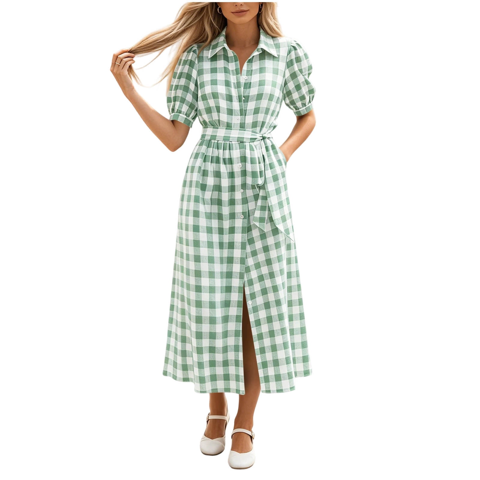 Gingham Summer Dresses for Women Slit Hemline Trendy Puff Sleeve Belt ...