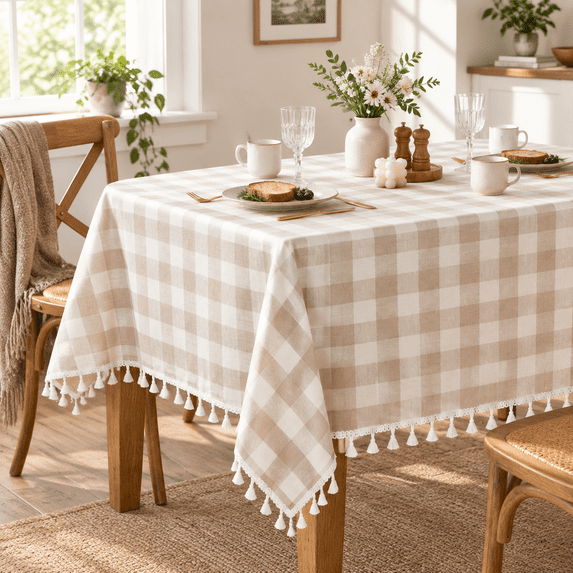 Gingham Table Cloth Squareton Linen Fabric Tablecloth With Tassel ...