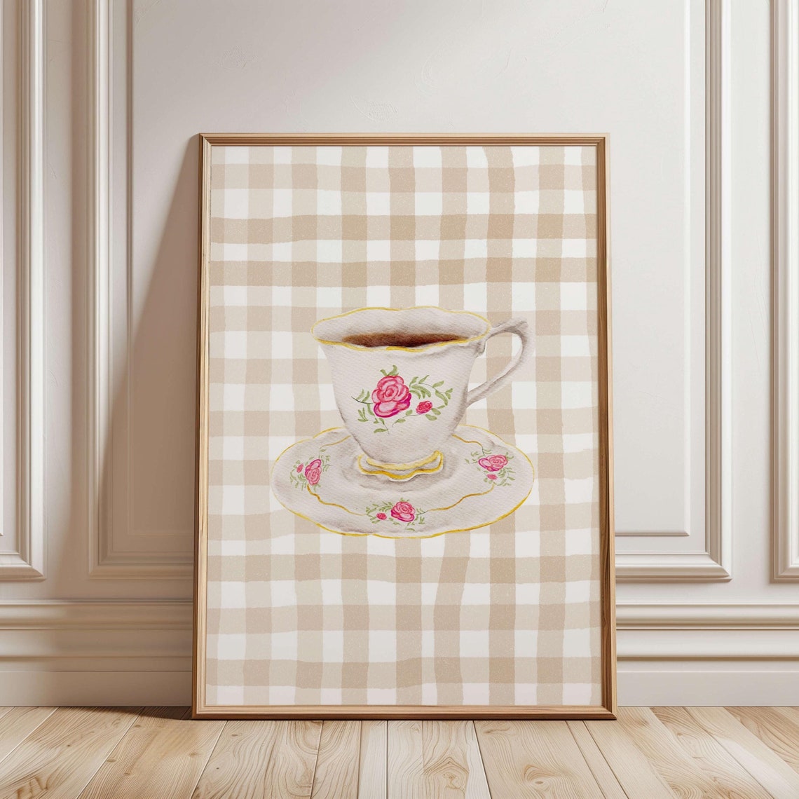 Gingham Tea Cup Poster Whimsical Kitchen Coffee Bar Art Poster Decor ...