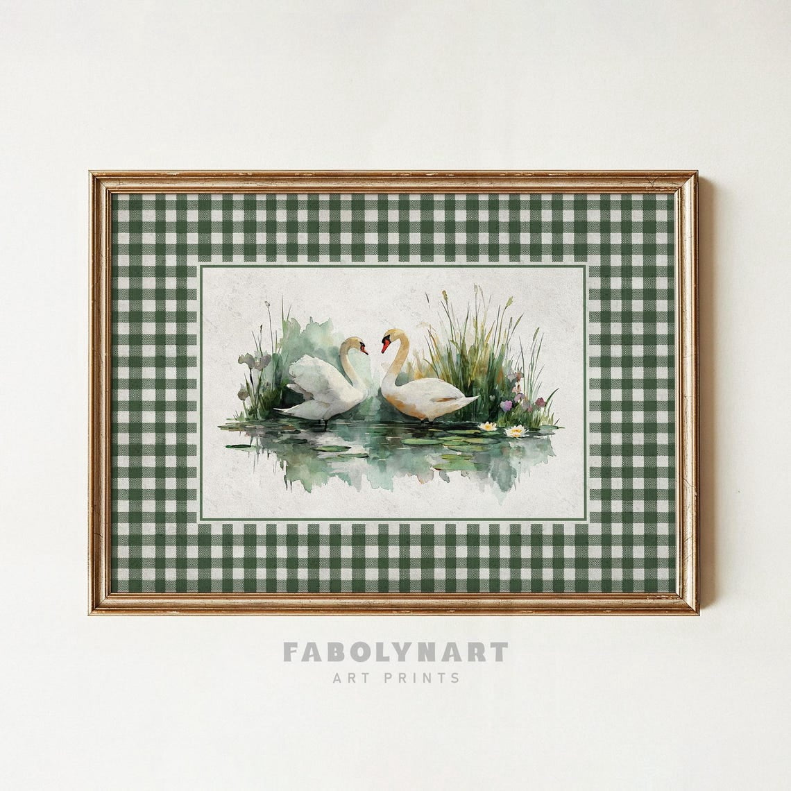 Gingham Two Swans Rustic Lake Bird Countryside Landscape, Stretched ...