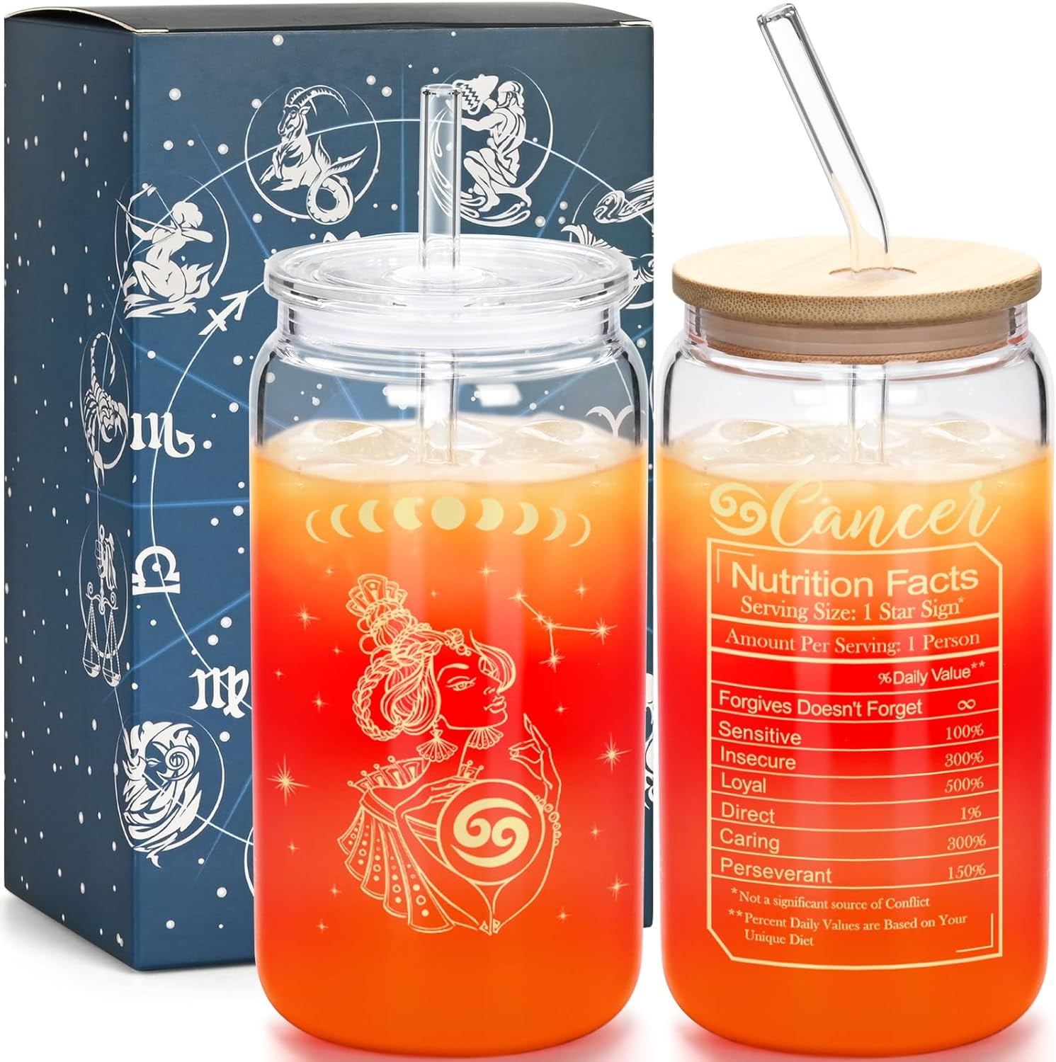 Gingprous 16 Oz Can Glass Cup with Elegant Gift Box, July Cancer Zodiac ...