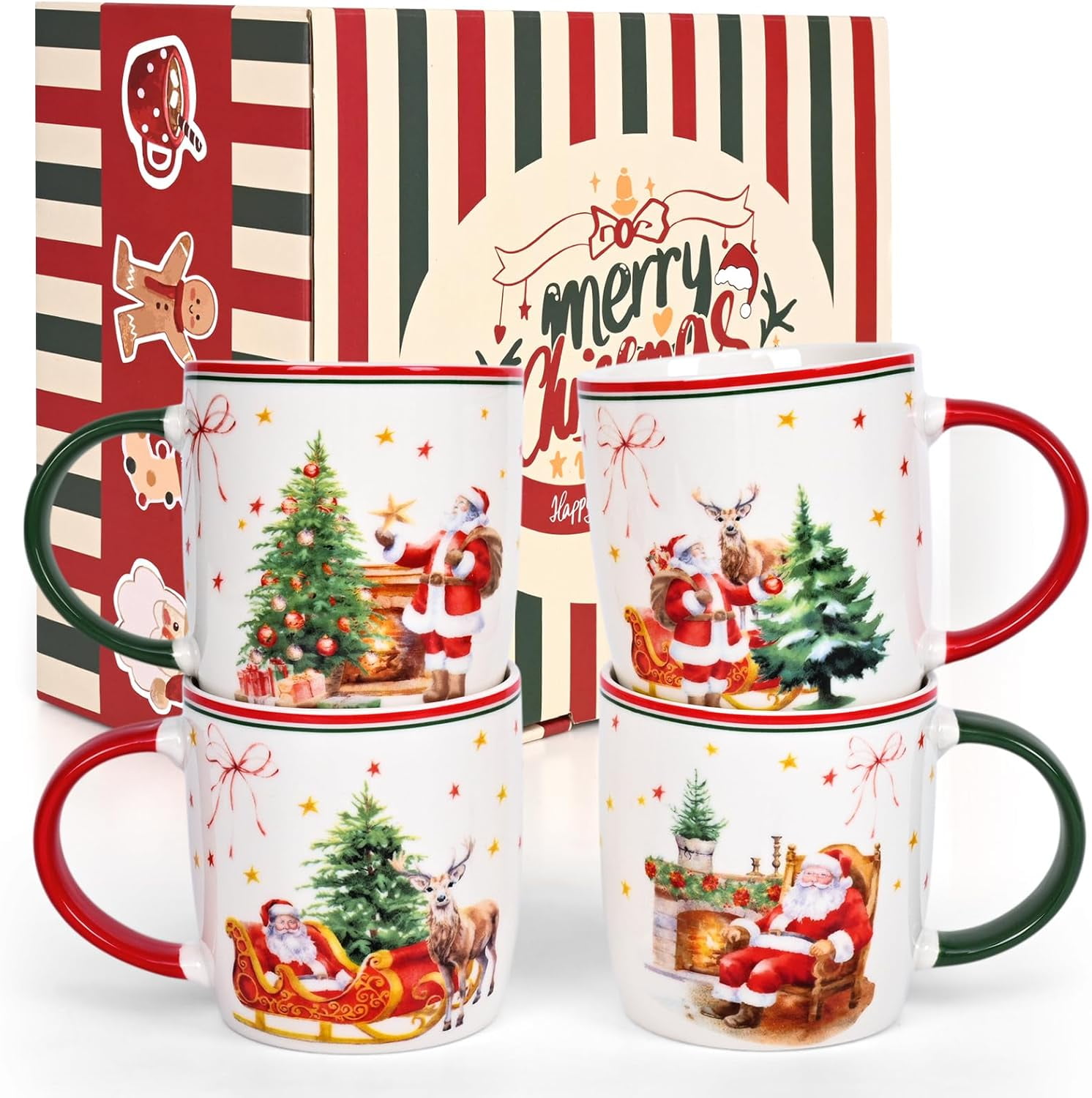 Gingprous Set of 4 Christmas Coffee Mugs Set, 11 Oz Ceramic Christmas ...