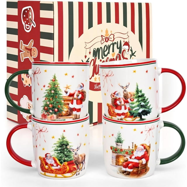 Gingprous Set of 4 Christmas Coffee Mugs Set, 11 Oz Ceramic Christmas ...