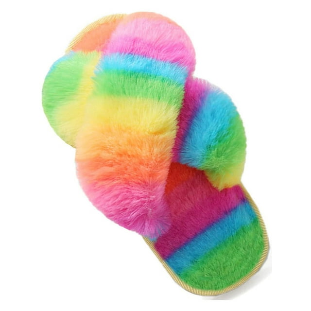 Ginisom Girls Fuzzy Slippers Kids Open Toe Cross Band Fluffy House ...