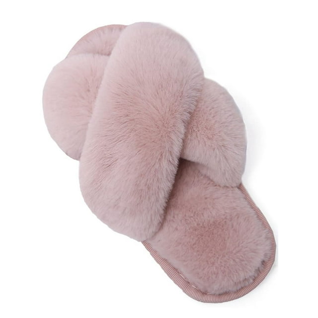 Ginisom Girls Fuzzy Slippers Kids Open Toe Cross Band Fluffy House ...