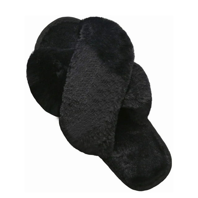 Ginisom Women's Fuzzy Slippers Cross Band Fluffy Open Toe House Slide ...
