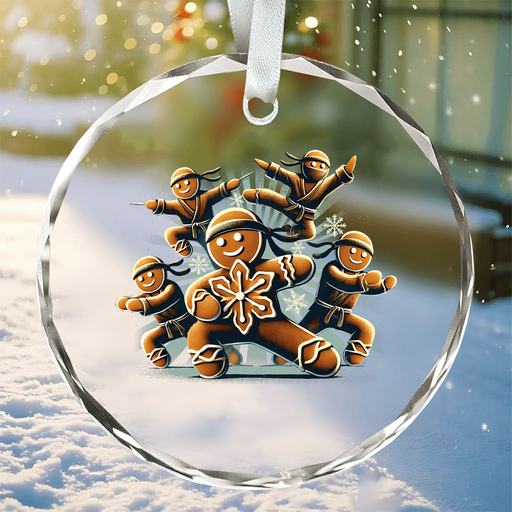 Ginjas fighting Gingerbread Ninjas Cookie crew Ornament, Crystal Glass ...
