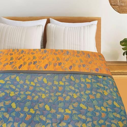 Ginkgo Leaf Cotton Quilt Blue Orange Reversible King Size Bedspread ...