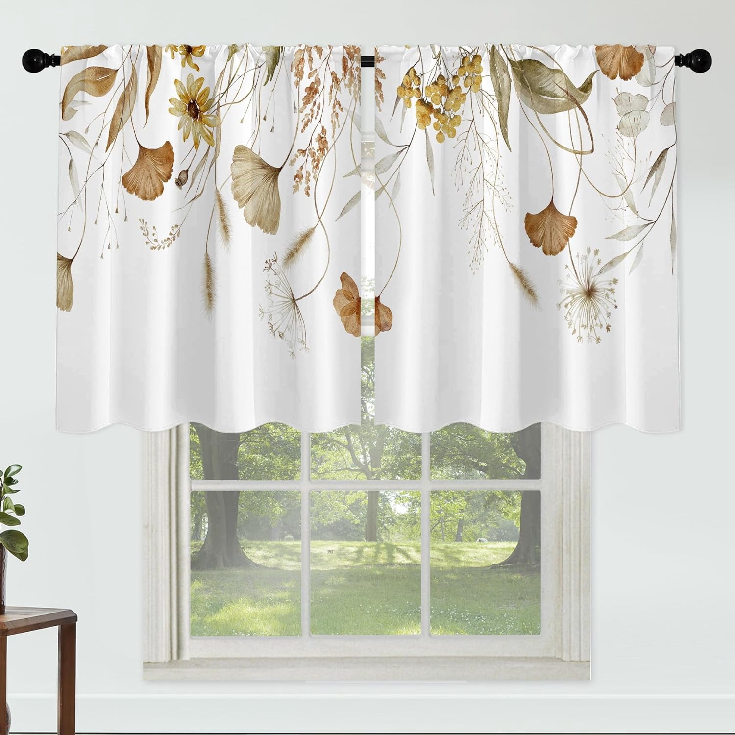 Ginkgo Leaf Curtain Valance for Windows Elegant Green Floral Rod Pocket ...