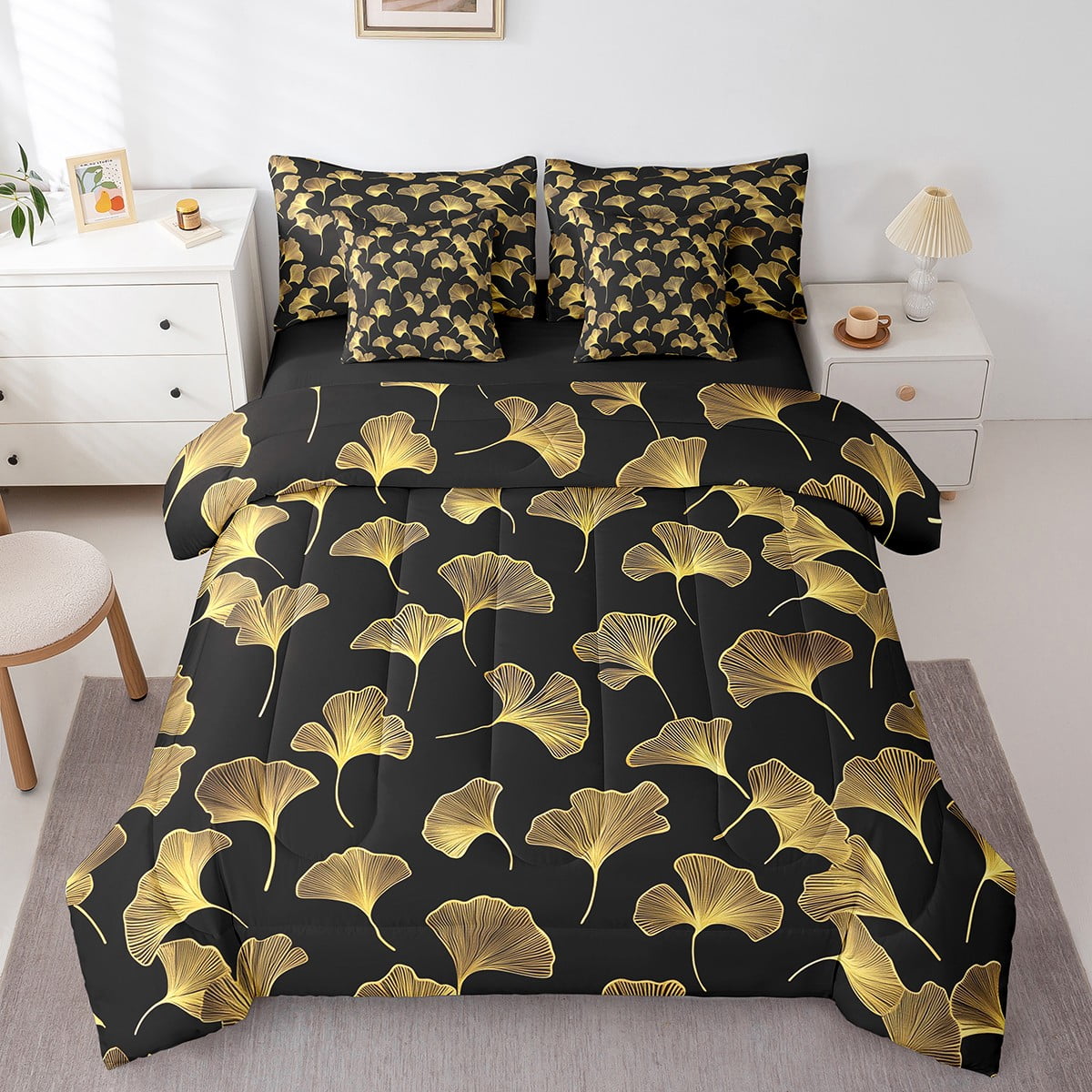 Ginkgo Leaf Pattern Bedding Set Fall Theme Botanical Queen Comforter ...